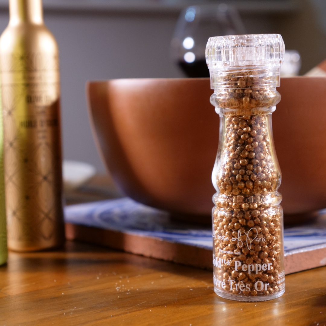 White peppercorn coated with edible gold in a stylish grinder – A Taste ...